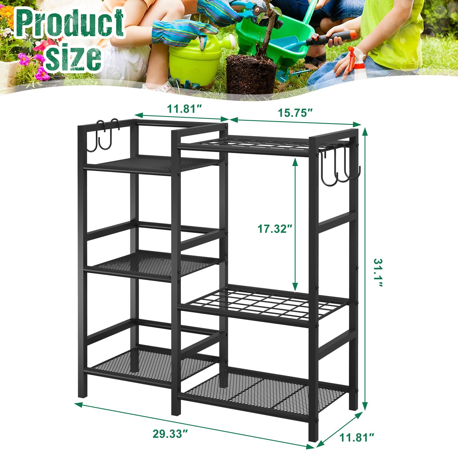 keomaisyto garden Tool Organizer for Garage Organization, 3 Tier Yard Tool Storage Rack with 35 Long-Handled Tool Slots, Heavy Duty Garden Tool Holder with Large Hooks for Shed, Yard, Garage