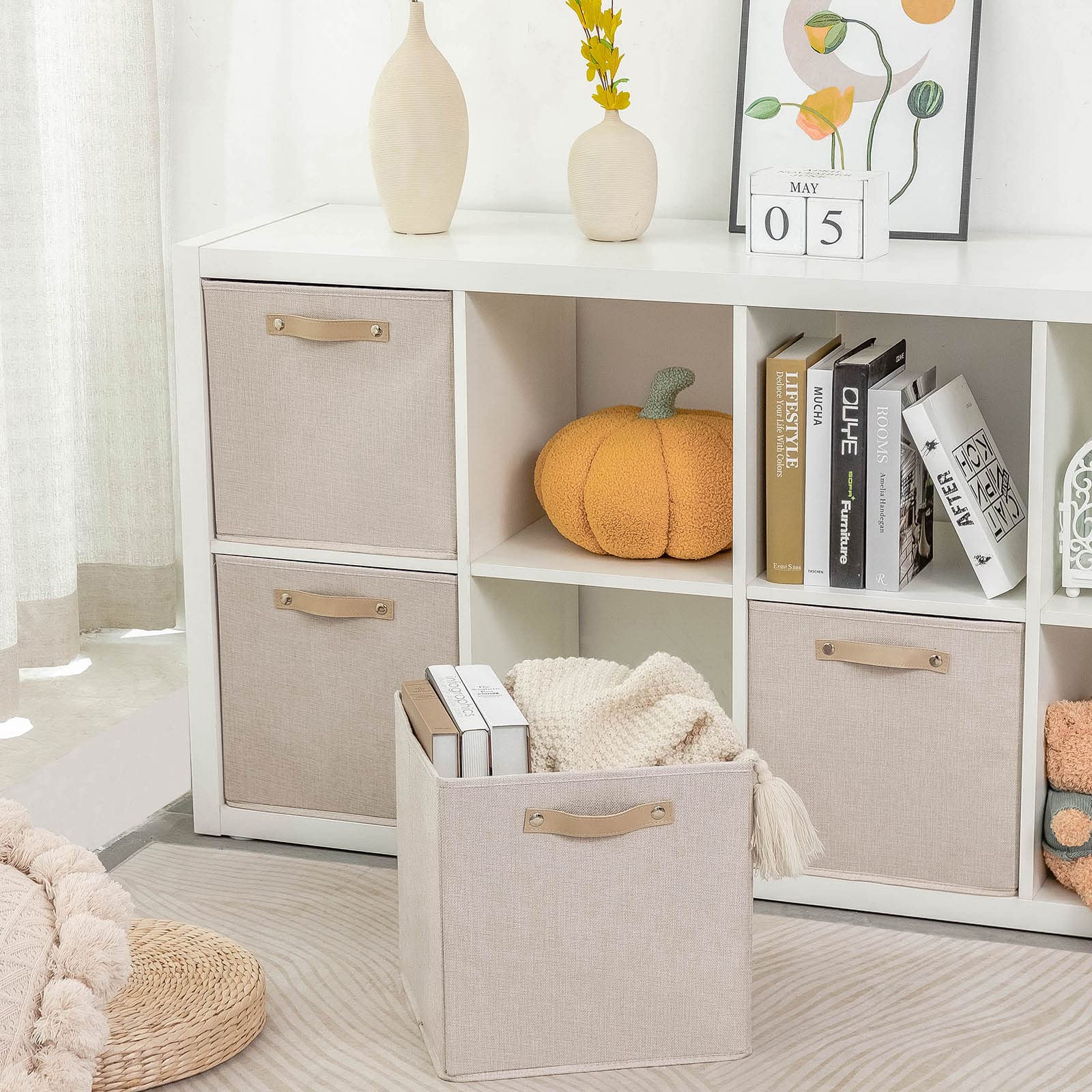 DULLEMELO Fabric Storage Cubes 13×13 Storage Bins, Set of 4 Cube Storage Bins Baskets With Handles for Organizing Toys Clothes, Foldable Cube Organizers for Shelves, Home, Office, Nursery, White&Grey