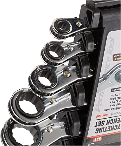 Performance Tool W709 SAE Reversible Ratcheting Wrench Set with 12 Point Box Ends, 5 Piece, 1/4-Inch to 11/16-Inch Sizes and Reusable Storage Rack