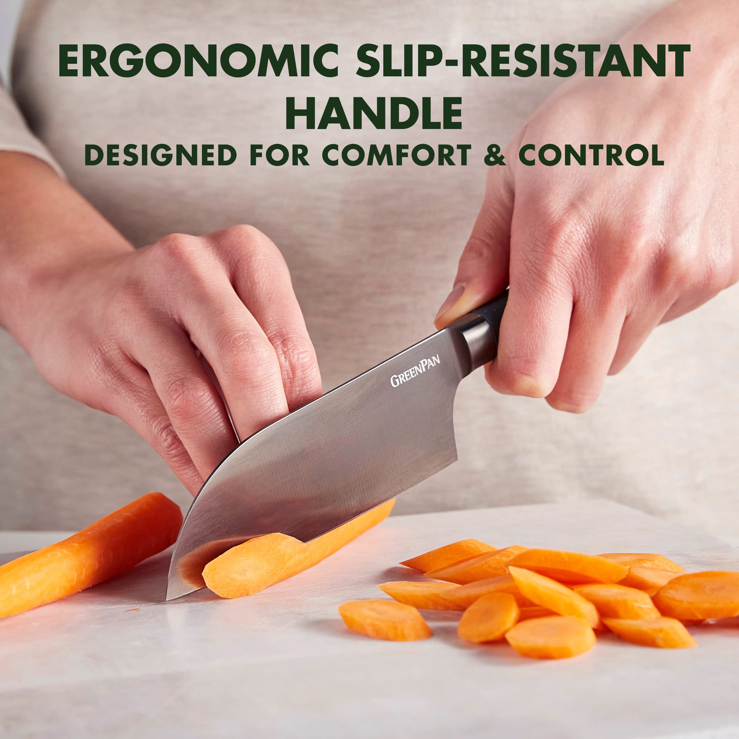 GreenPan Titanium 2-Piece Santoku Knife Set, Titanium Coated, Stainless Steel, Eco-friendly, Ergonomic Grip, Slip Resistant, Balanced, Heat Treated, Hand Sharpened, Dishwasher Safe