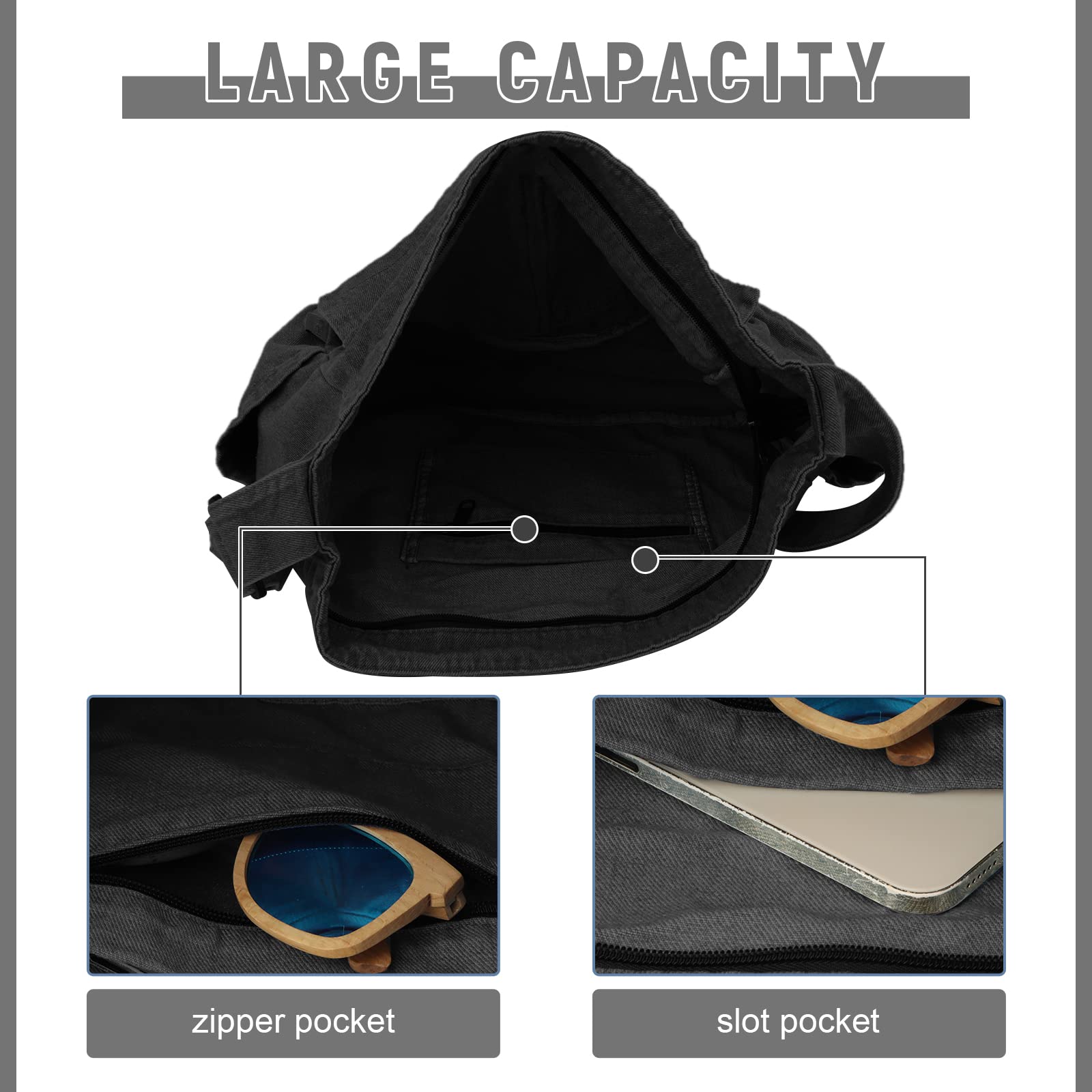 Freie Liebe Women Canvas Tote Bag with Multiple Pockets Large Hobo Bag Crossbody Shoulder Bag
