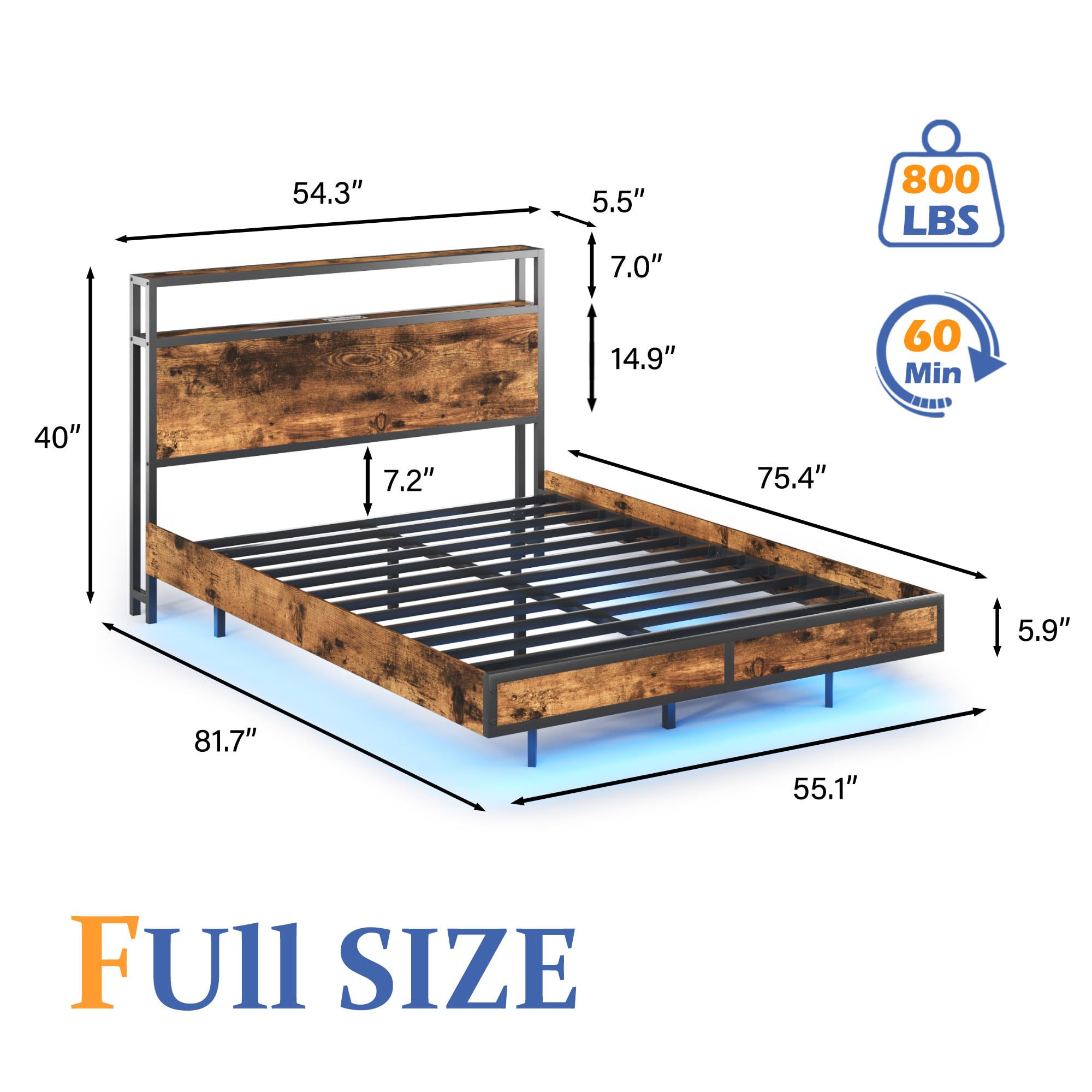Lifezone Floating Queen Bed Frame with LED Lights, 2-Tier Storage Headboard, Metal Queen Bed Frame with Built-in Charging Ports, Noise-Free, Easy Assembly, Vintage Brown
