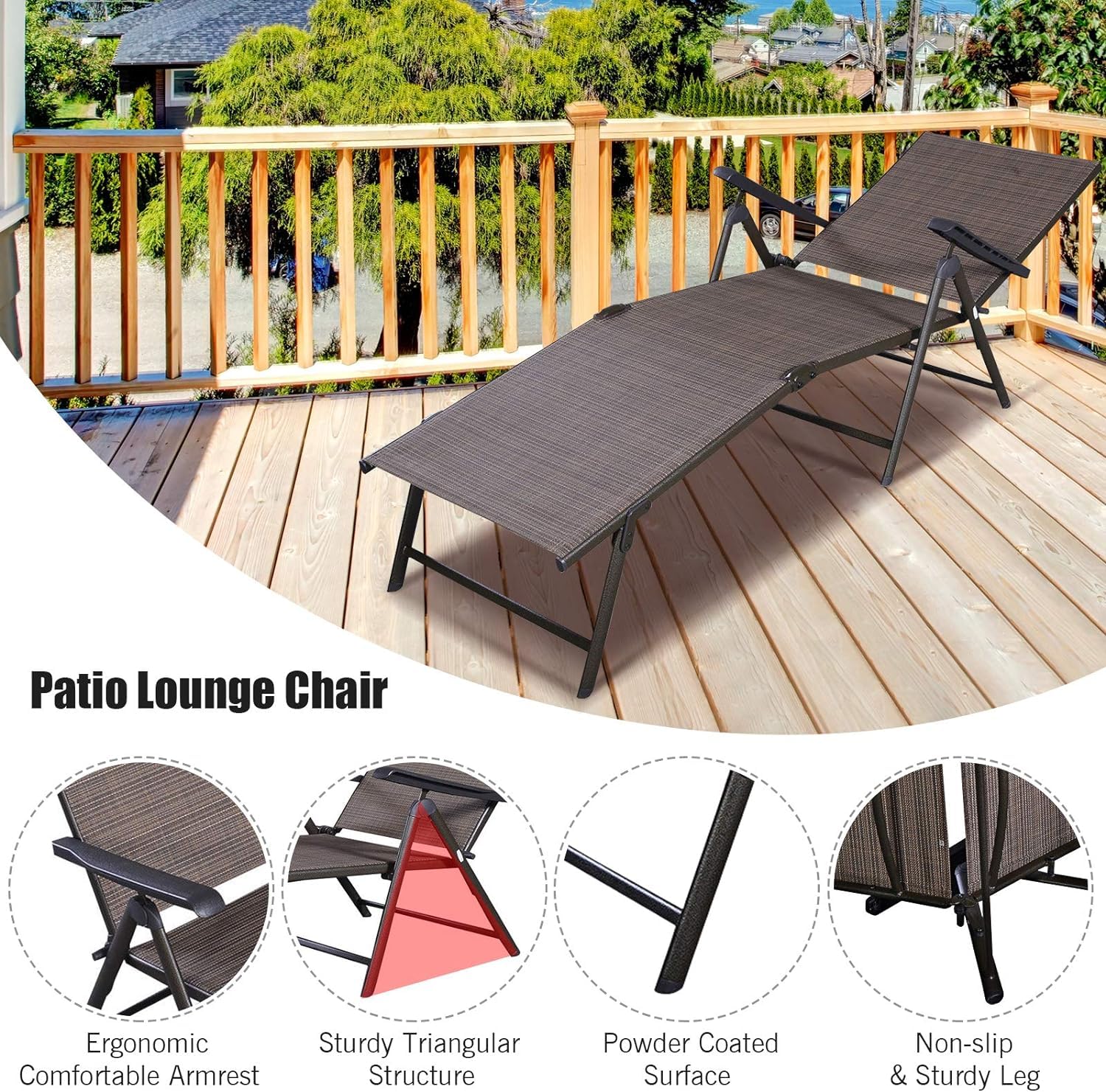 RELAX4LIFE Chaise Lounge Chair Outdoor Set of 2, Folding Patio Recliner Chair with Adjustable Reclining Back & Armrests for Yard Poolside Deck, Portable Sunbathing Beach Lounge Chairs for Outside (2)