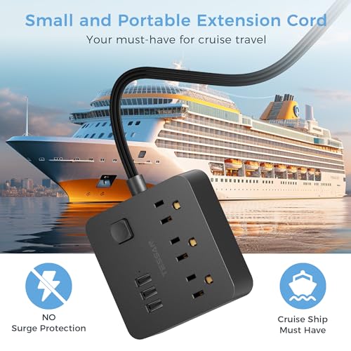 Flat Plug Power Strip, TESSAN Ultra Thin Extension Cord with 3 USB Wall Charger, 5 ft Slim Desk Charging Station Compact for Cruise Ship, Travel, Home, Office, Dorm Room Essentials, Black
