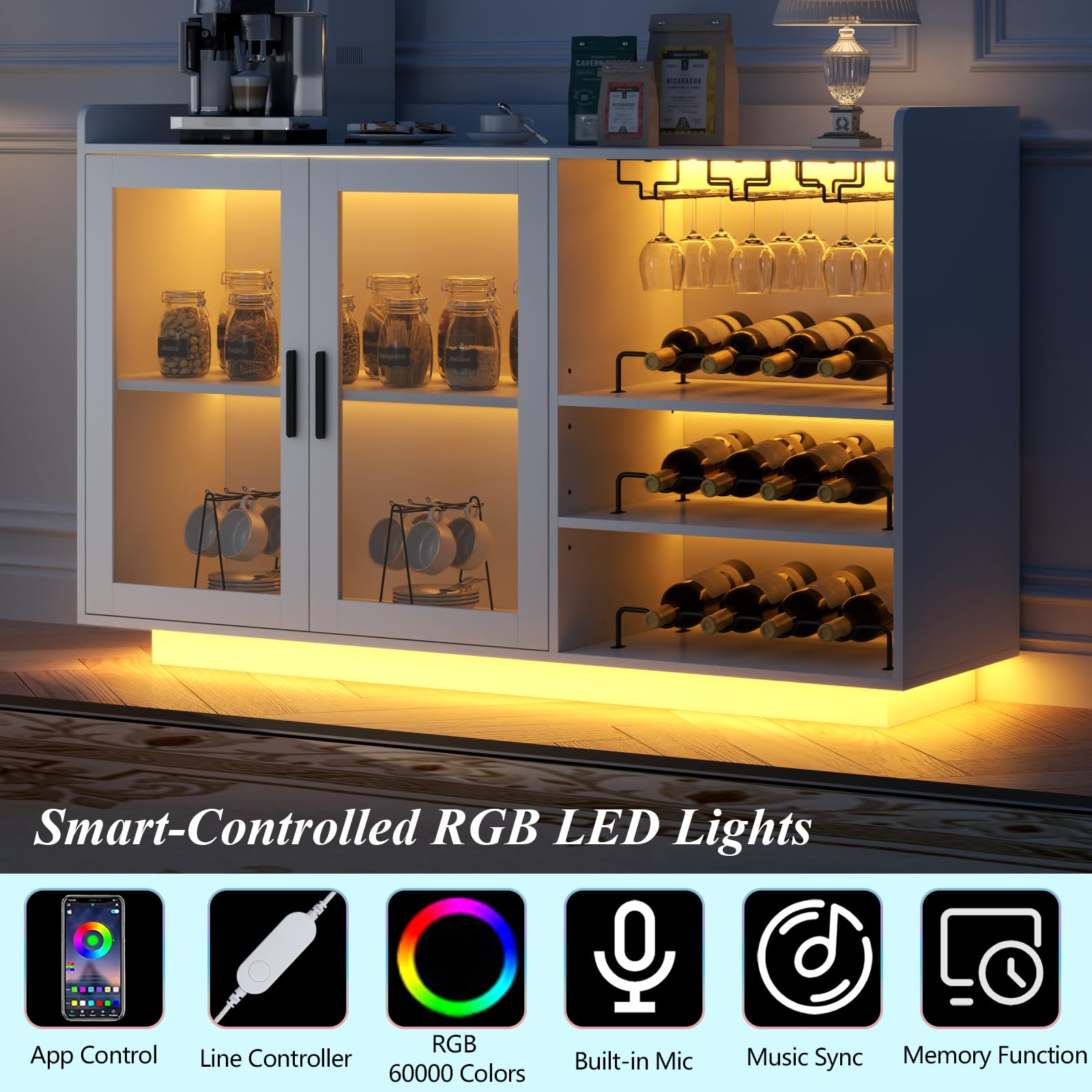 Loomie Wine Bar Cabinet with LED Lights, Floating Coffee Bar with Glass Rack and Removable Wine Racks, Modern Buffet Sideboard with Storage Shelves, Kithchen Bar with Glass Cabinet Doors, Black