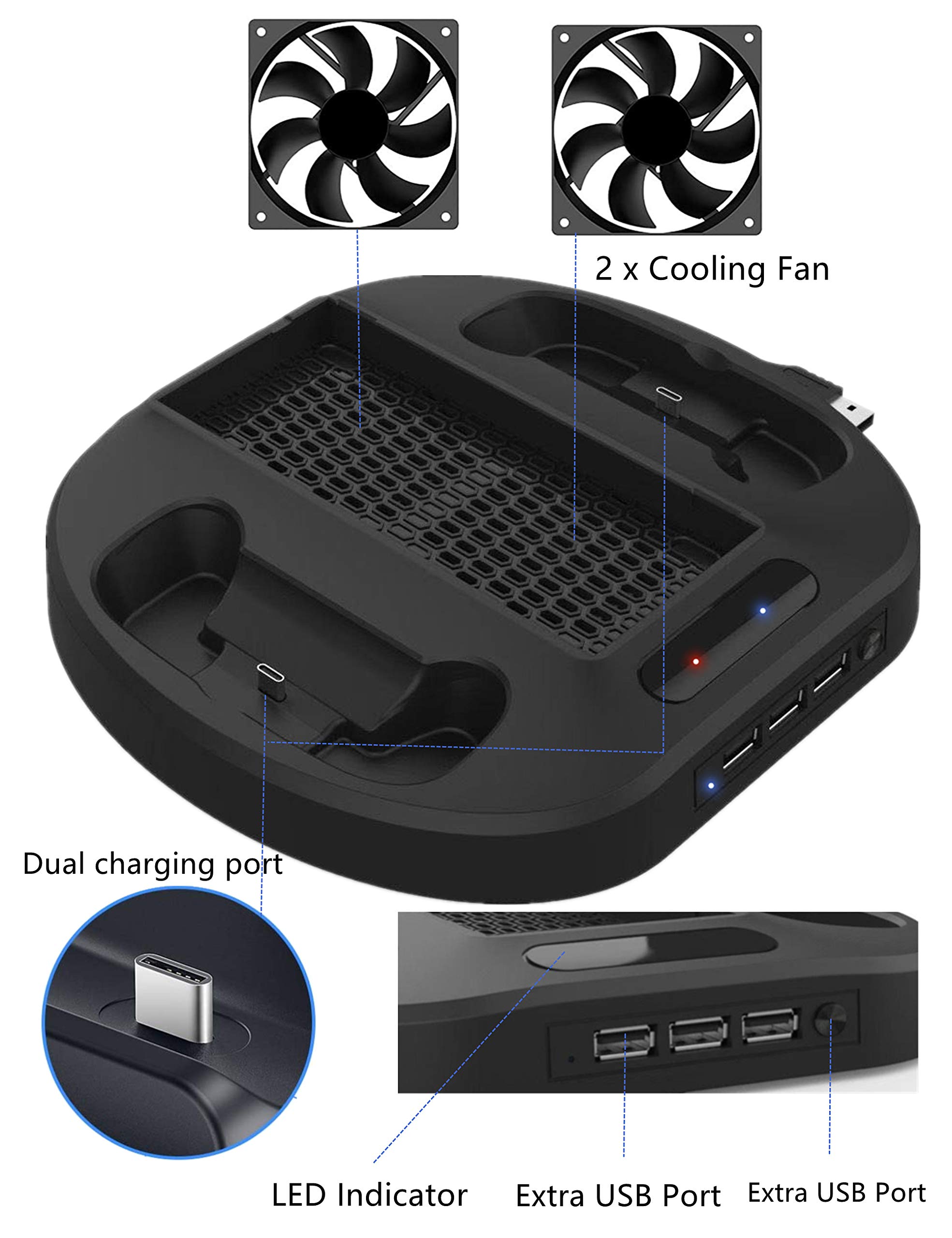 FANPL Vertical Stand Cooling Fan Station for Xbox Series S with Dual Controller Charging Dock & Organizer USB Ports & LED Indicators (Black)