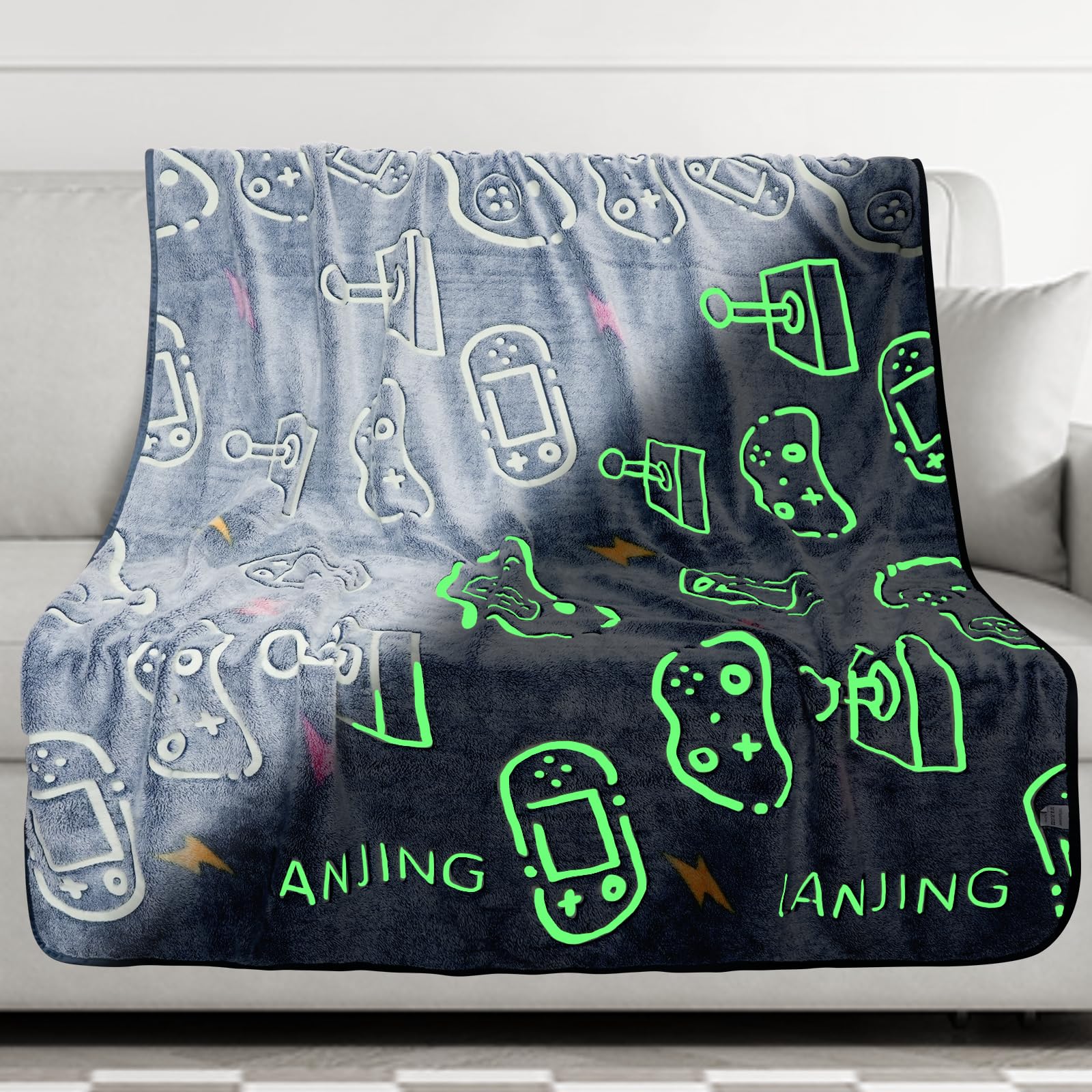 LANJING Glow in The Dark Blanket for Boys, Game Controller Throw Blanket 50"×60" Bed Blanket Couch Blanket for Kids, Outdoor Travel Throw Blanket