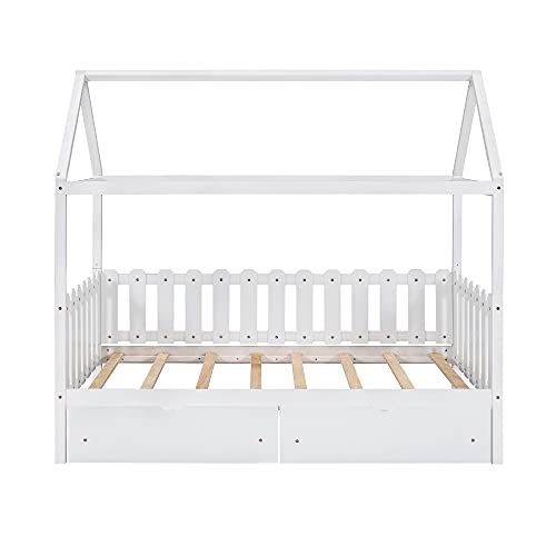 Lifeand Twin Size House Bed with 2 Drawers, Fence-Shaped Guardrail and Sky Roof, Solid Wood Bedframe for Gilrs Boys,White