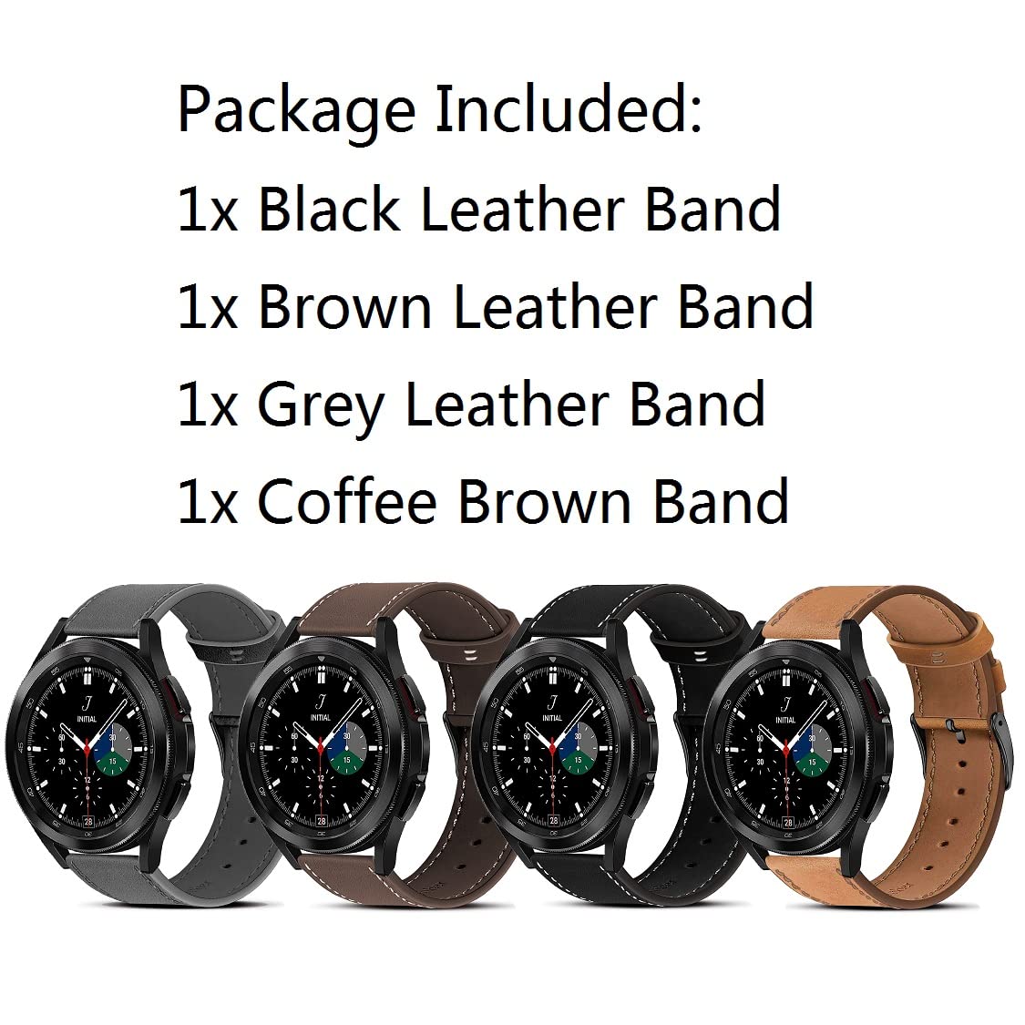 Greenpointselect (4 Pack)Leather Band Compatible for Galaxy Watch 4 Classic 46mm 42mm Bands, G.P 20mm Quick Release Strap Samsung 40mm 44mm/Active 2/3 41mm Band, Brown,Coffee,Black,Grey