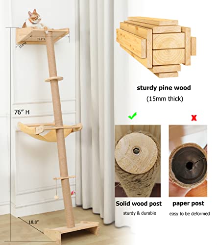 Wall Cat Tree with Hammock, 76" Tall Cat Wall Furniture Lean Against Wall Cats Climbing Tower for Active Indoor Climbers with Simply Suctions to Window