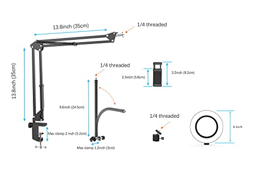 Overhead Camera Mount with Ring Light, Flexible Articulating Phone Arm Stand Compatible with iPhone, Logitech Webcam, Desk Tripod for YouTube Live Stream Cooking Nail Video Recording