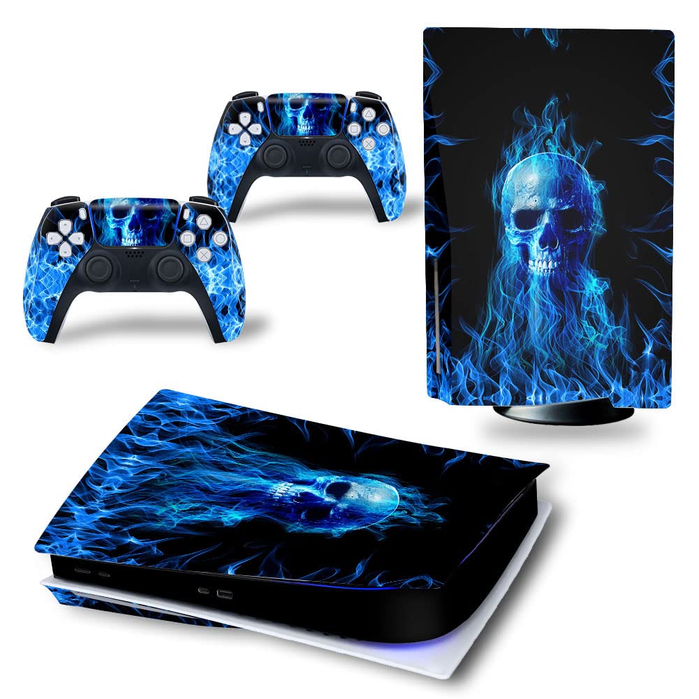 FOTTCZ Compatible with Vinyl Skin PS5 Disk Edition Console and Controllers - Blue Flame Skull