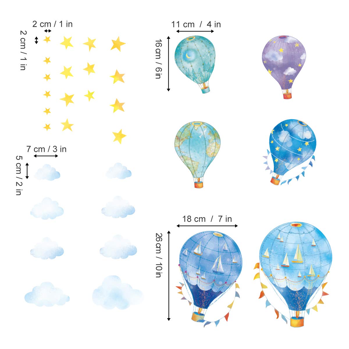 decalmile 6 Nautical Hot Air Balloons Wall Decals Stars Cloud Star Wall Stickers Baby Nursery Kids Bedroom Wall Decor(Size: 10"/6" H)