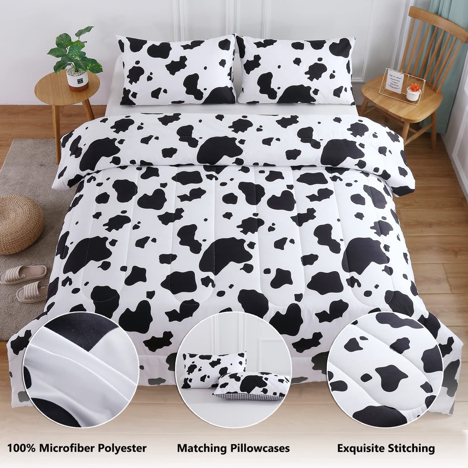 PERFEMET Cow Print Bedding Comforter Set Queen Size Black and White Reversible Geometric Checkered Bedding Set for Kids Teens Boys Girls Rustic Animal Cowhide Pattern Bed Quilt Set