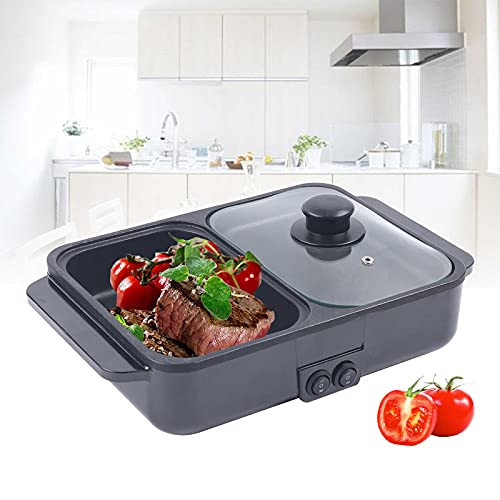 Jstcmadby Electric Hot Pot with Grill,2 in 1 Non-stick Mini Hot Pot with Grill Dual Temperature Control Steaks Shabu Shabu Pot Korean BBQ Grill for 1-3 People (Black)