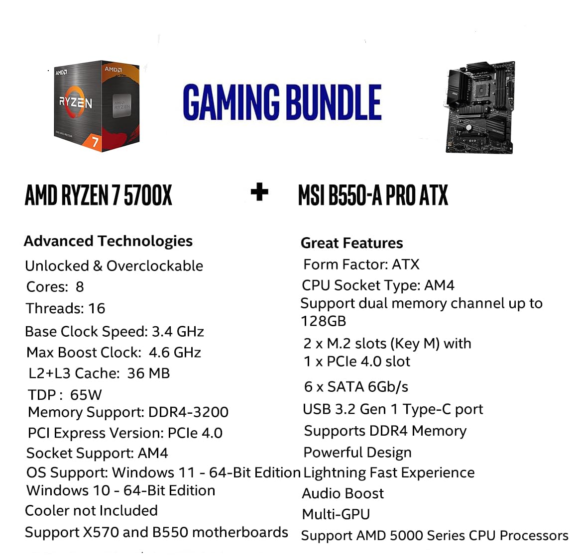 INLAND Micro Center AMD Ryzen 7 5700X 8-Core 16-Thread Unlocked Desktop Processor Bundle with MSI B550-A PRO ProSeries Motherboard (AMD AM4, DDR4, PCIe 4.0, SATA 6Gb/s, M.2, USB 3.2 Gen 2 ATX)