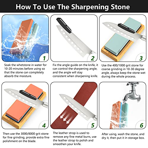 Knife Sharpening Stone Set, Premium 4 Side Grit 400/1000 3000/8000 Whetstone Sharpener Kit with Cut Resistant Gloves,Bamboo Base,Flattening Stone,Angle Guide,Honing Guide,Leather Strop,Razor Strop