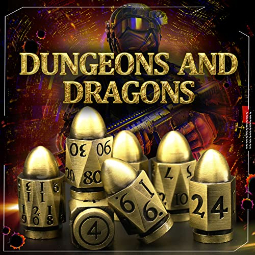 Metal Bullet Dice Set, DND Dice Set Dungeons and Dragons Dice, ZHOORQI D6 Dice Set D&D Dice Gifts for Role Playing Games, Pathfinder, Warhammer 40k or Theme Tabletop Games(7Bullet-Bronze)