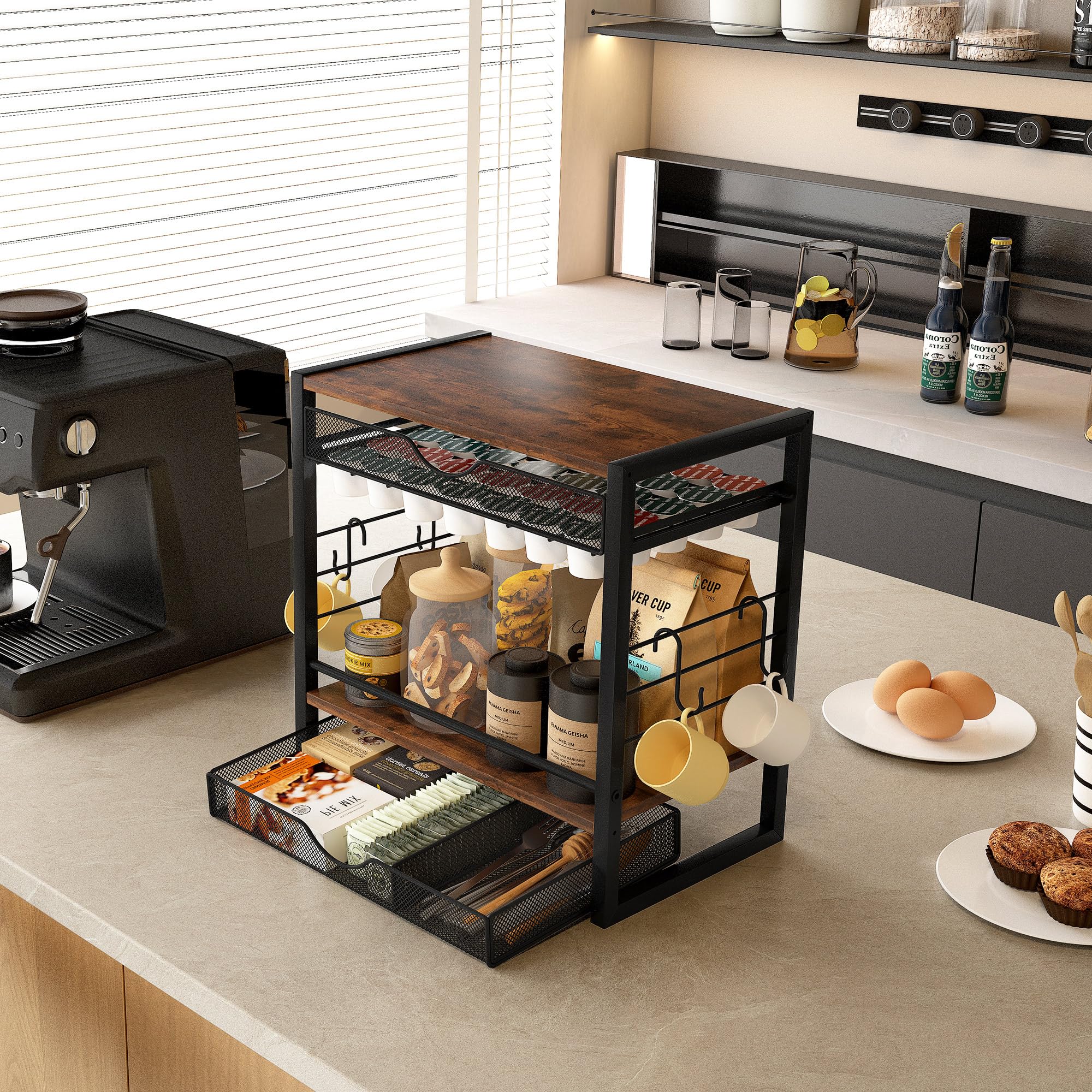 IZLIF Coffee Pod Stand 70 Capacity Cup Holder Drawer Coffee Pod Organizer for Counter with Mug Hook Racks, Black