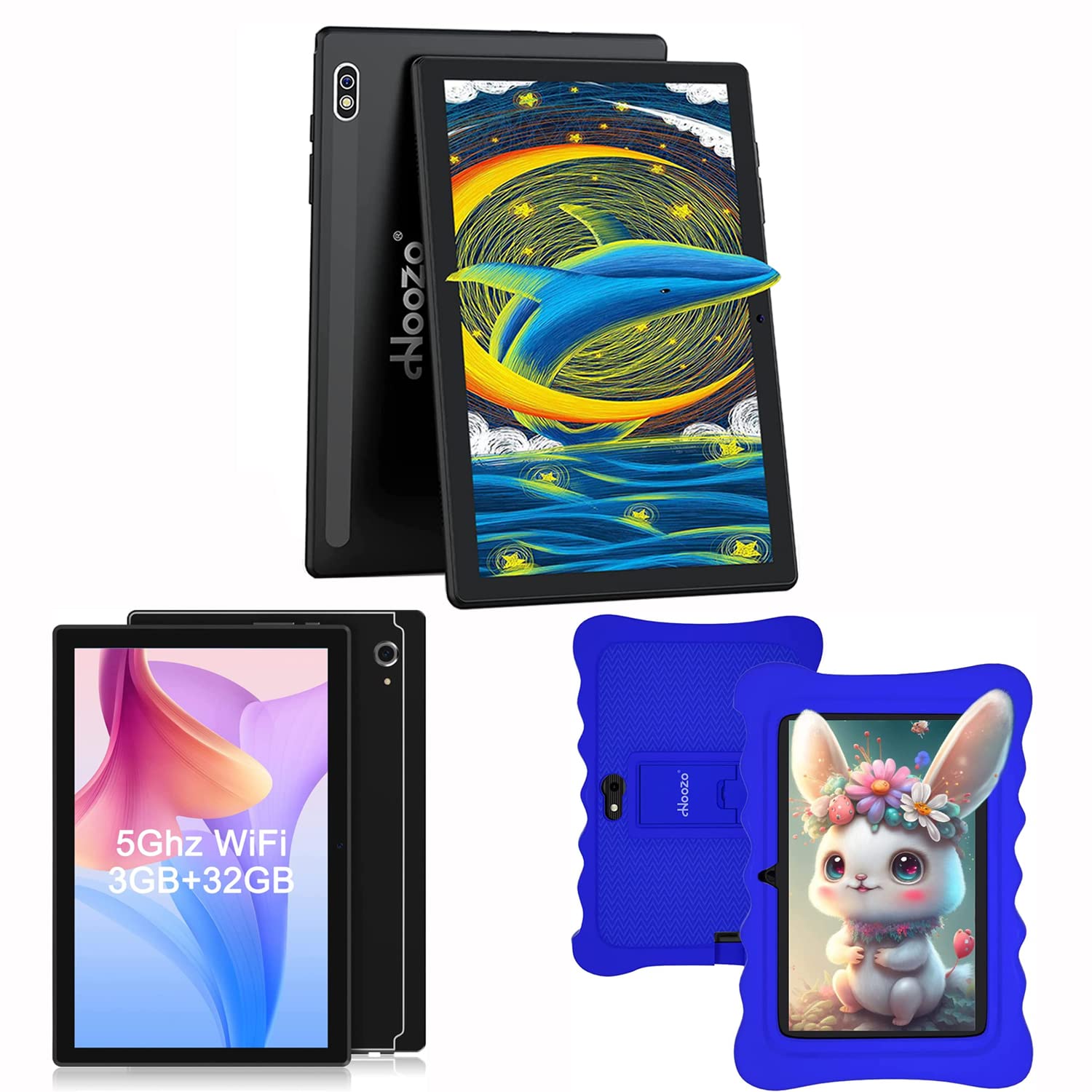 Hoozo Tablet 10 Inch, 7Inch, Android Tablet with 32GB Long Battery Life Quad Core HD Touchscreen Tablets WiFi Bluetooth - 3PCS