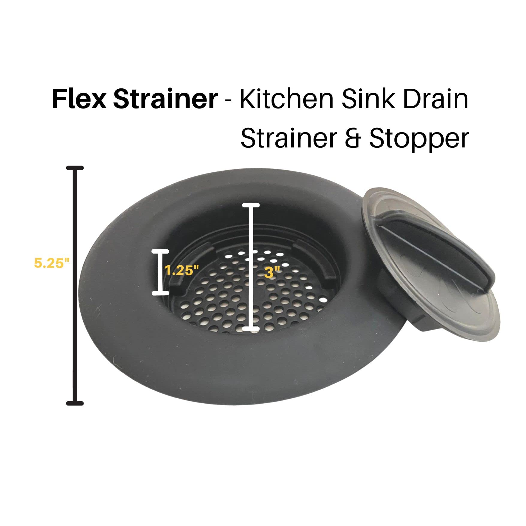 Flex Strainer Kitchen Sink Strainer with Drain Stopper Plug, 2N1, Basket Replacement for 3-1/2β drains, 5-1/4β Diameter, USA Made Black Single