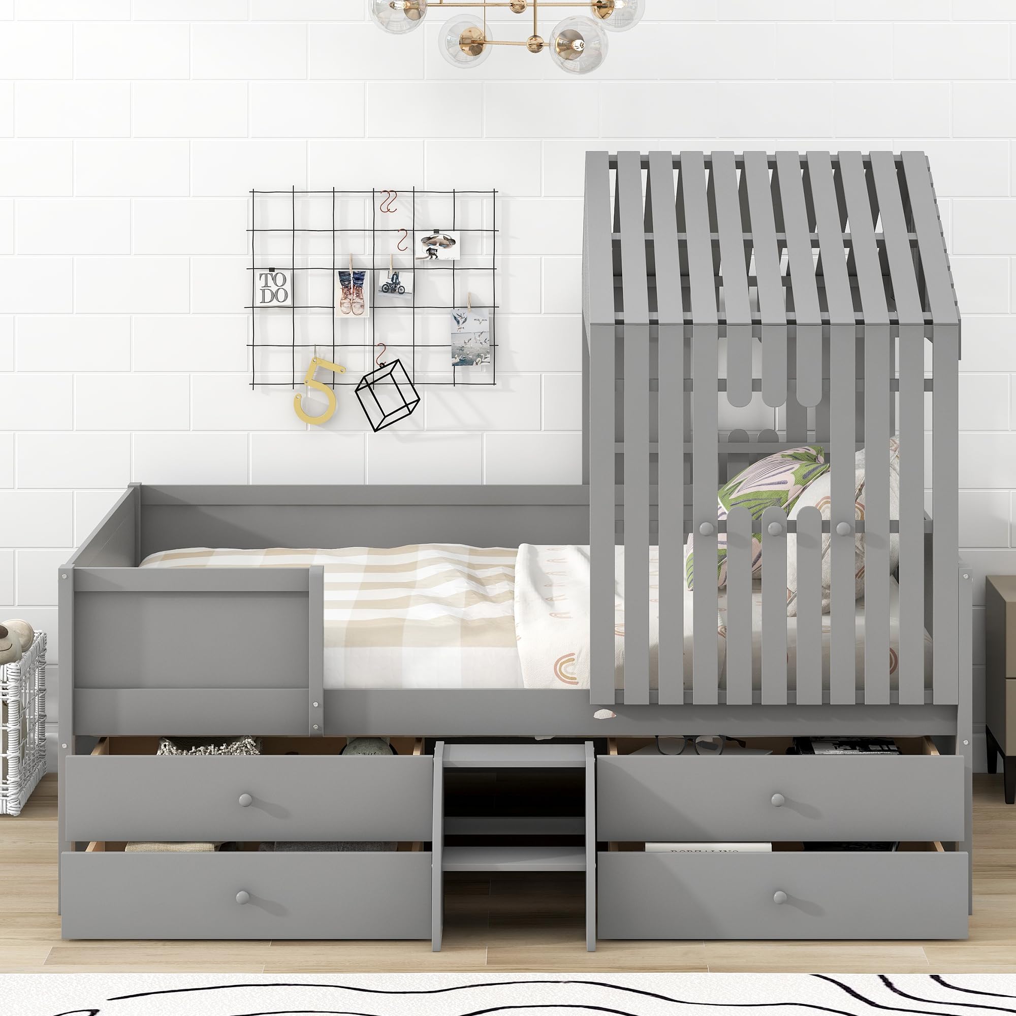 LostCat Full Bed with Storage, Full Size House Low Loft Bed with 4 Drawers, Wooden Platform Bed Frame with Stairs & Guardrail for Kids Teens Adults, No Box Spring Needed, White