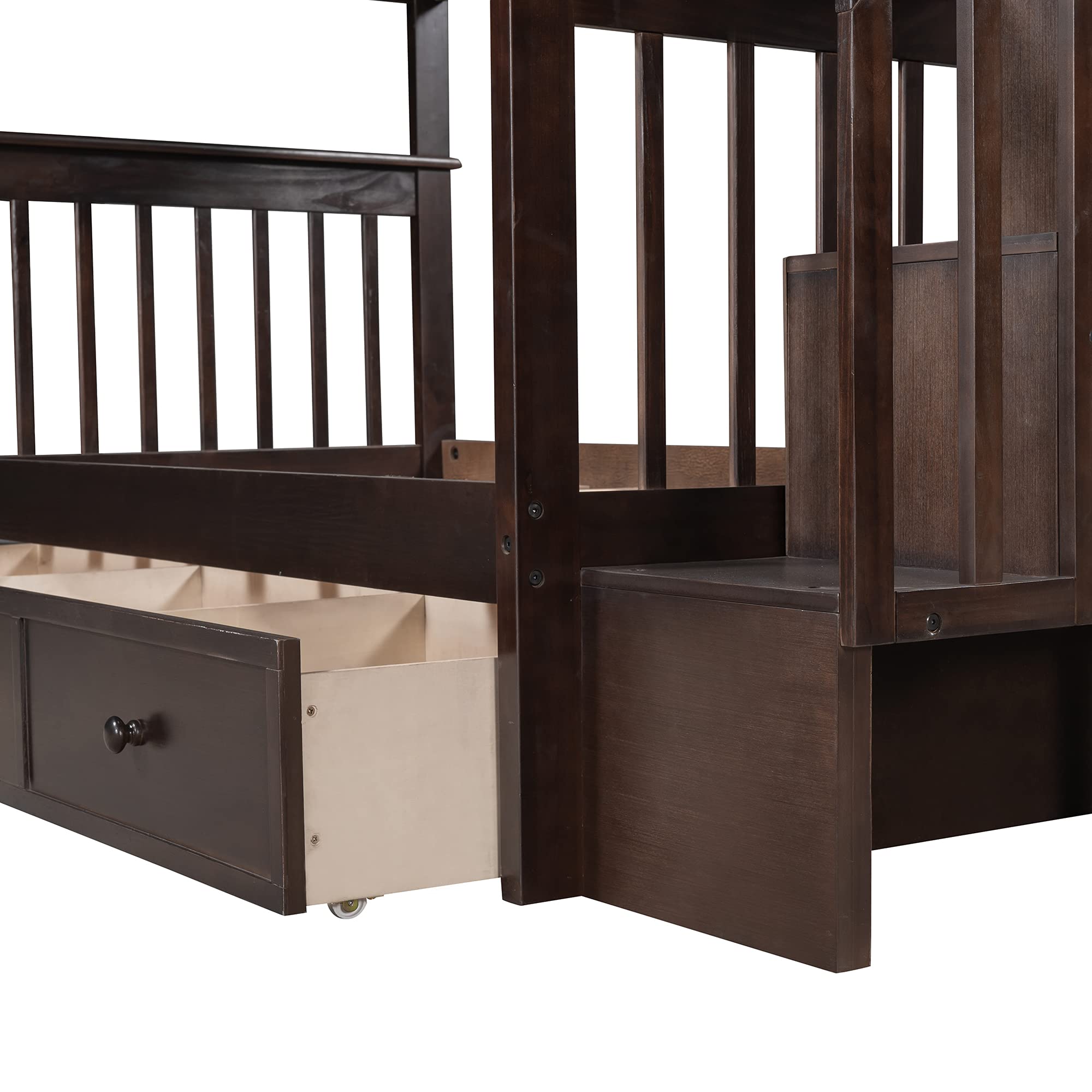 LostCat Full Over Full Bunk Beds, Full Size Bunk Bed with Drawers, Storage Stair and Shelves, Can be Divided into Two Beds, Bunk Bedframe for Teens and Adults, No Box Spring Needed, Espresso