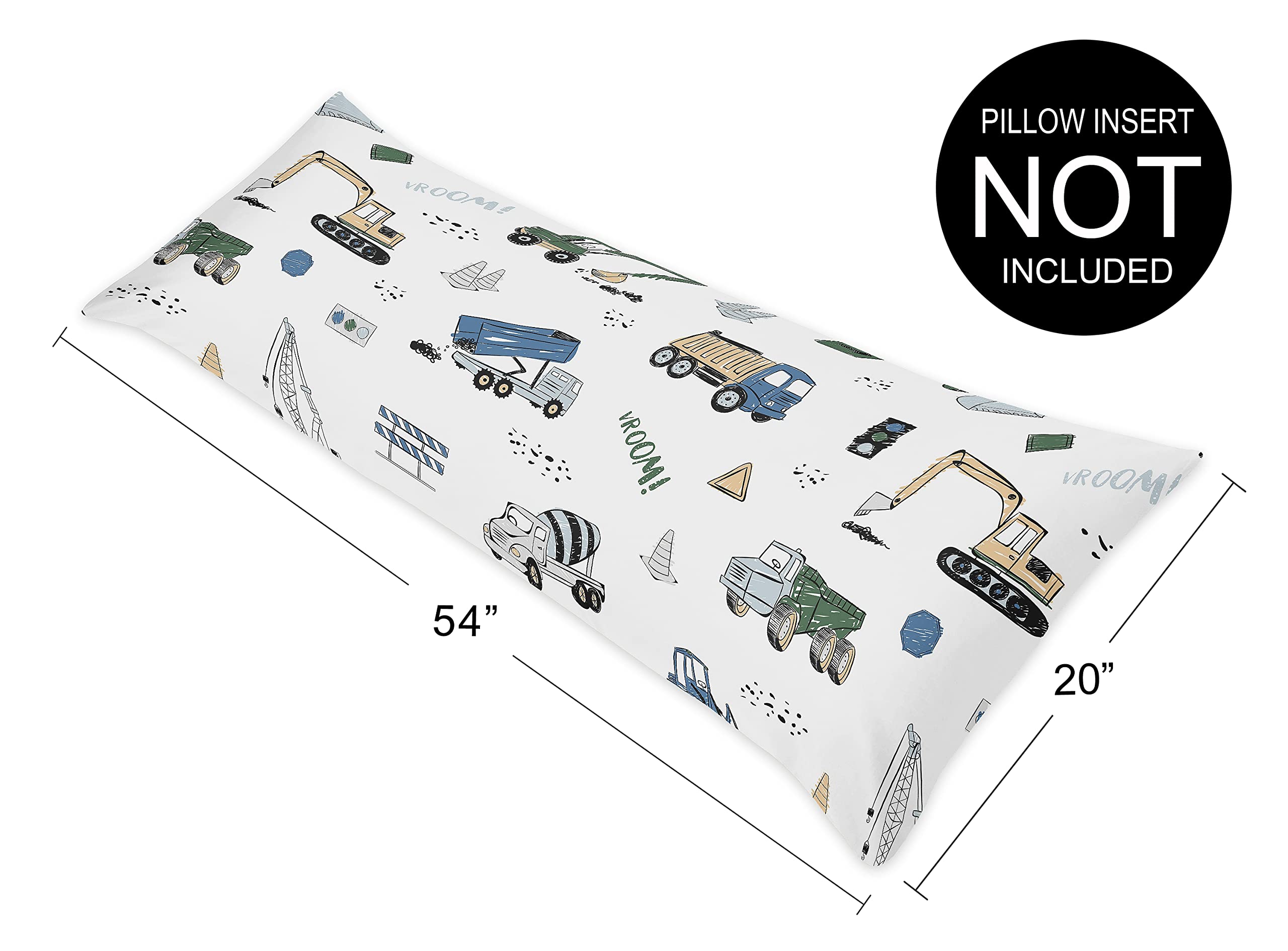 Sweet Jojo Designs Construction Truck Body Pillow Case Cover (Pillow Not Included) - Grey Yellow Black Blue and Green Transportation