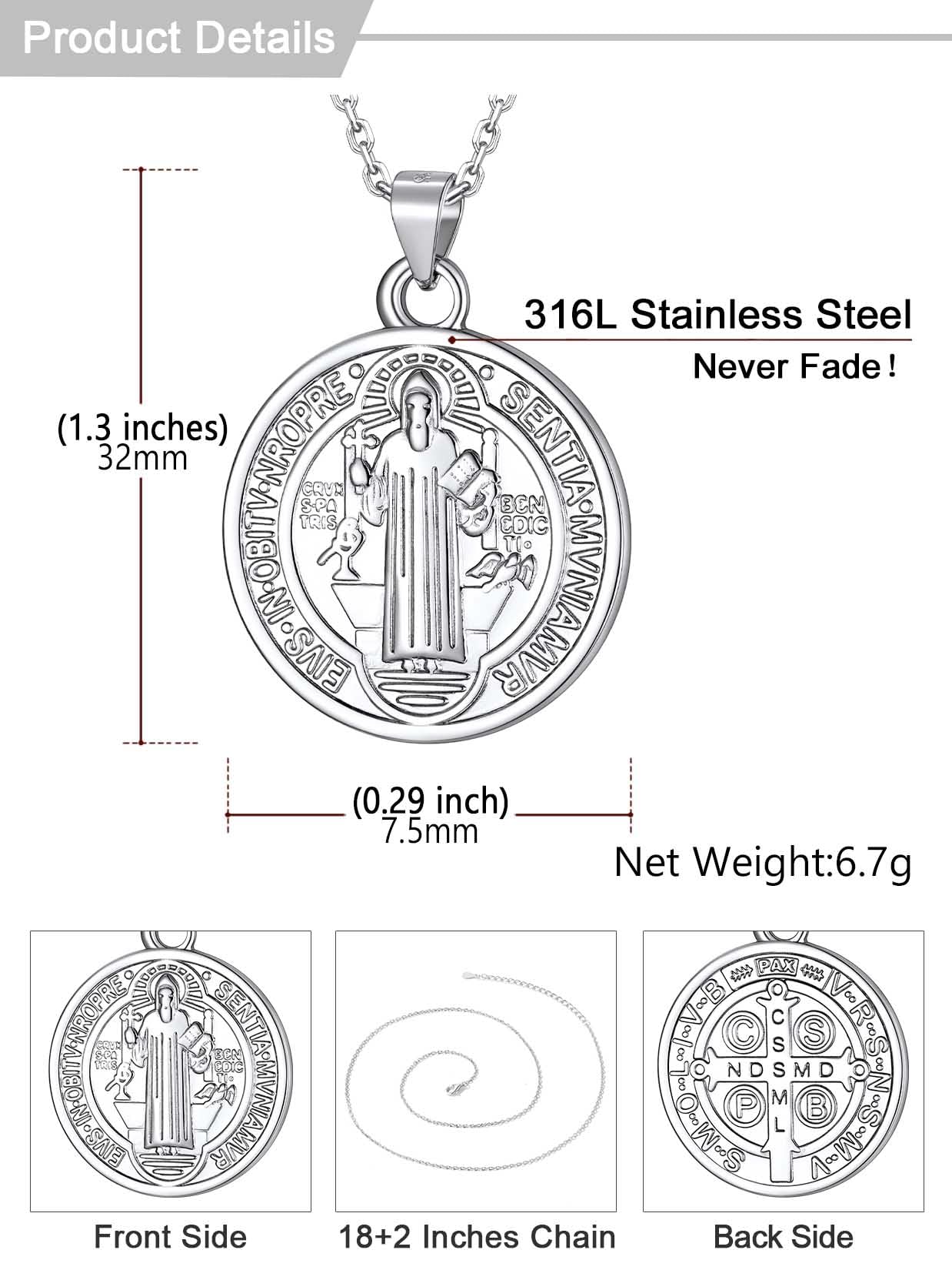 U7 Men Women St Benedict Necklace 925 Sterling Silver Round Medal Protect Saint Nursia Benedict Pendant and Chain 18 Inch