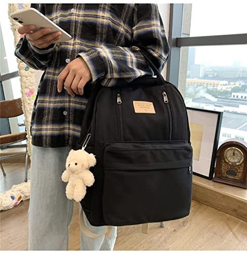 MININAI Preppy Backpack with Plushies Cute Backpack Light Academia College Backpack Solid Aesthetic Rucksack for Travel (One Size,Black)