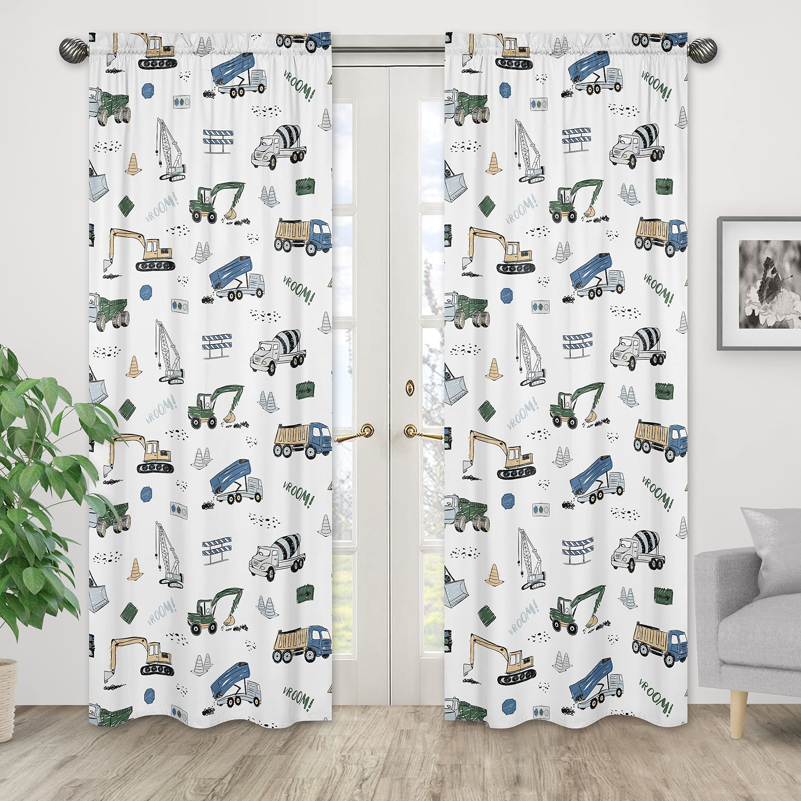Sweet Jojo Designs Construction Truck Window Treatment Panels Curtains - Set of 2 - Grey Yellow Black Blue and Green Transportation