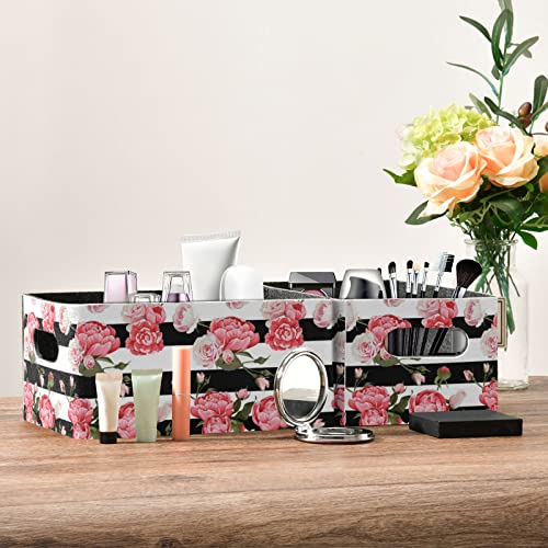 Oyihfvs Floral Peony and Roses Flowers On Black White Stripes 2 PCs Collapsible Storage Bins Baskets, Foldable Felt Fabric Organizer Cube Boxes Storage Bags for Shelves Closet Home Decor