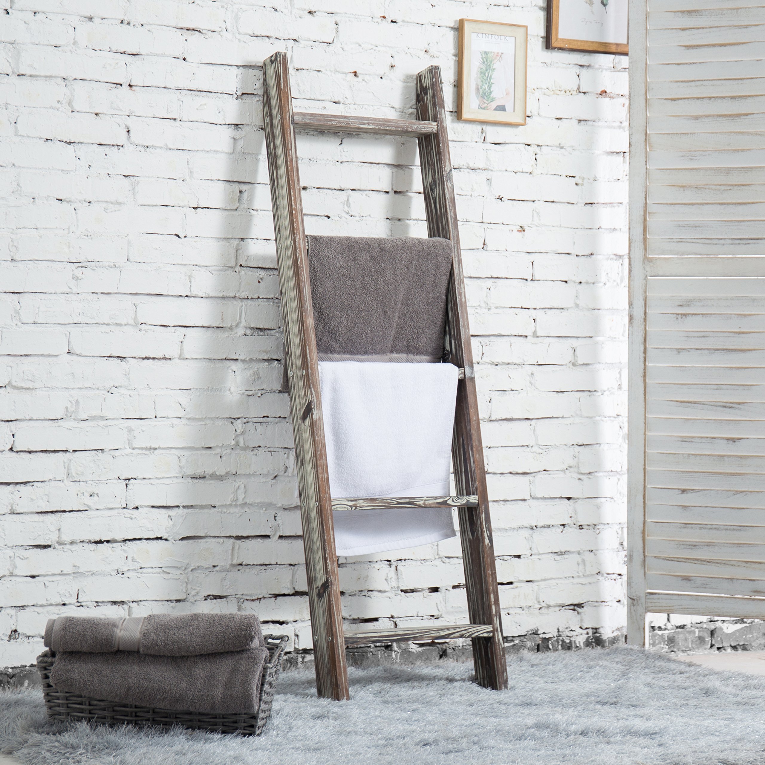 MyGift Torched Brown Wood Decorative Ladder Shelf, 4.5 Foot Wall Leaning Wooden Towel Blanket Ladder Storage Rack for Bathroom or Living Room