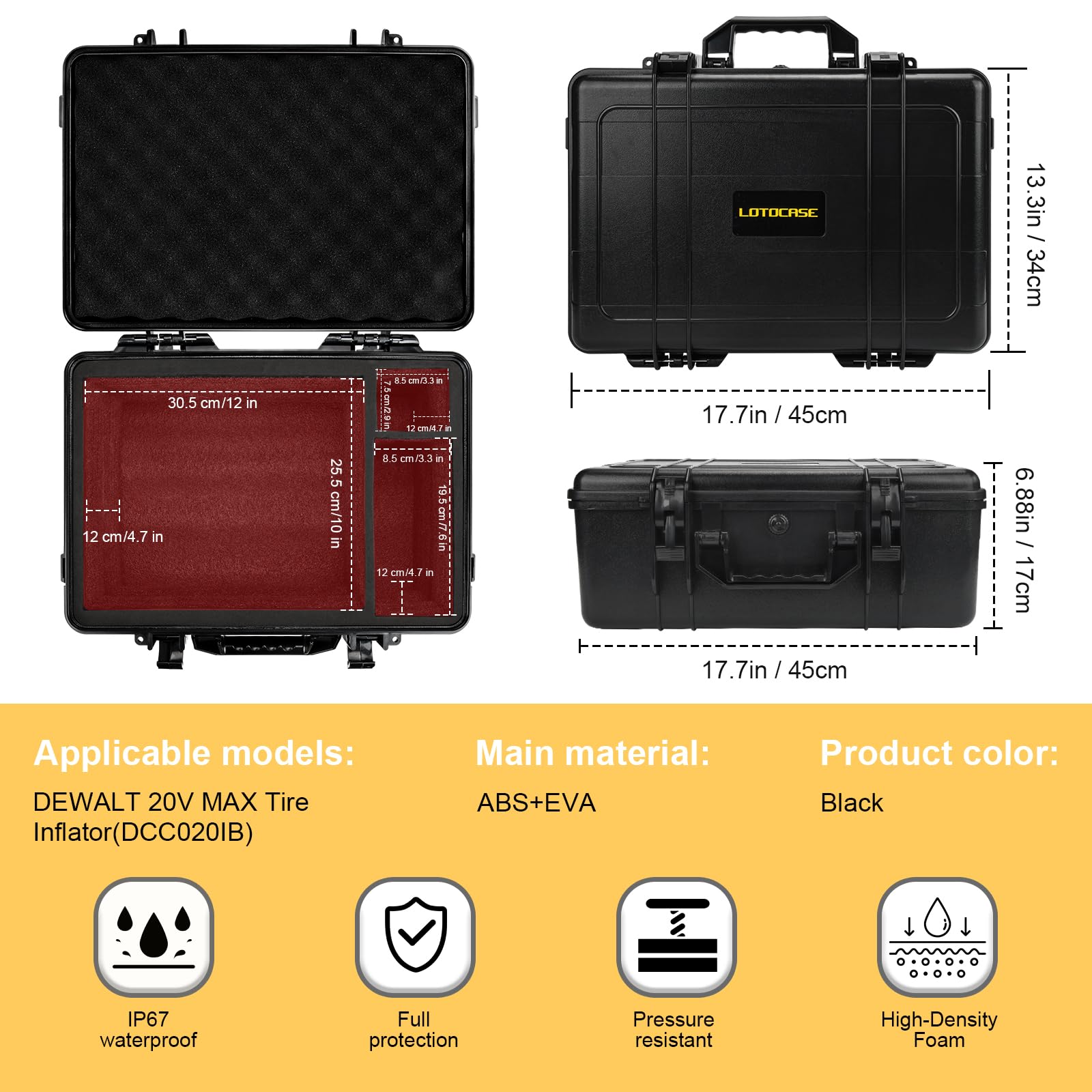 LOTOCASE Air Compressor Hard Case Compatible with DEWALT 20V MAX Tire Inflator DCC020IB, Air Pump Storage Carrying Bag for DEWALT DCC020IB Tools, with Pocket for Battery Pack and Charging ( CASE ONLY)
