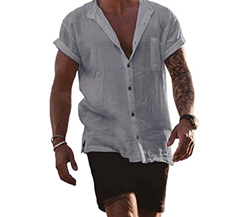 MBETA Cotton and Linen Solid Color Cardigan Loose Short Sleeve Shirt Suitable for Summer Menswear