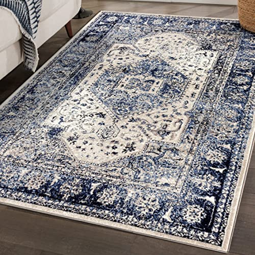 Persian-Rugs Distressed Ivory 5x7 Area Rug, Blue French Country Rug for Living Room and Kitchen