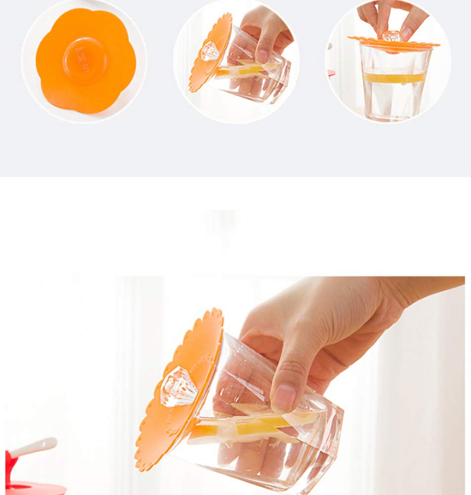 QUUPY 8PCS 10.5CM/4.1 in Sealed and Leak-proof Silicone Glass Cup Cover Cute Flowers Shape Coffee Anti-dust Beverages Lids with PVC Transparent Diamond (Color Random)