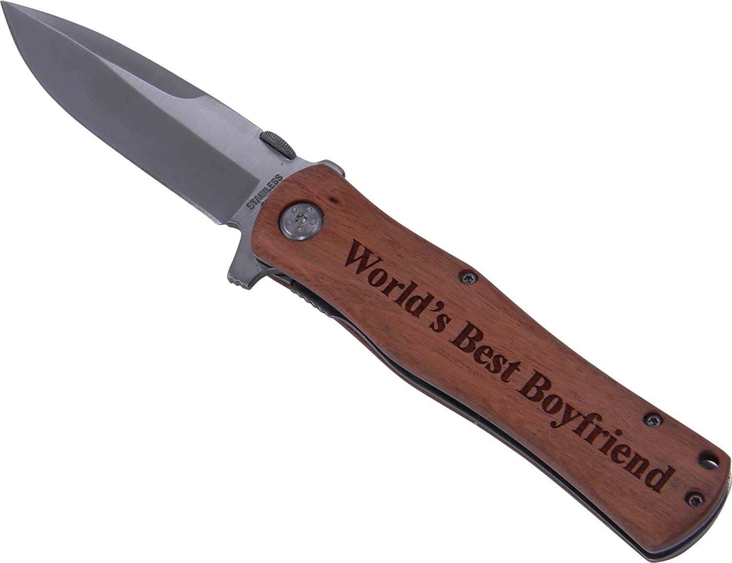 Personalized Add Your Custom-Made Text Folding Aluminum Engraved Name Customized Pocket Hunting Personal Knife with Pocket Clip (Wood Handle)