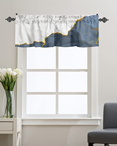 Window Curtain Valances for Kitchen Windows,Blue White Stone with Gold Stripe Rod Pocket Short Window Valance Modern Abstract Marble Agate Cafe Treatment Valance for Living Room/Bedroom,42x12in