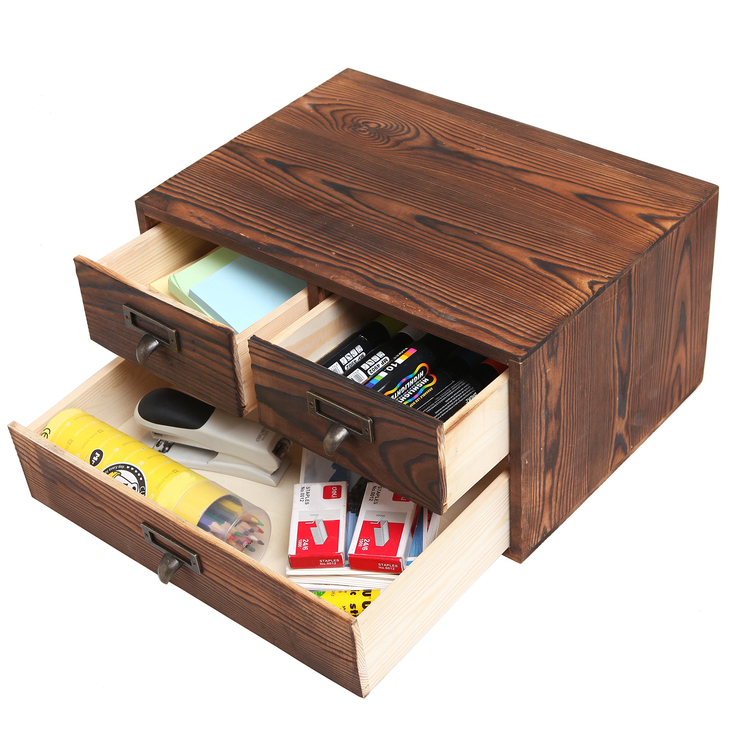MyGift Wooden Desk Organizer with Drawers, Dark Brown Wood Desktop Storage Cabinet with 3 Drawers for Office Supplies, Sewing Kits and Accessories