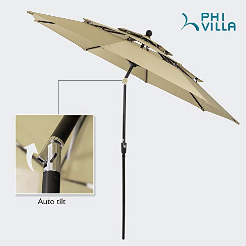 PHI VILLA 10ft Patio Umbrellas, Outdoor 3 Tier Vented Market Table Umbrella with 1.5" Aluminum Pole and 8 Sturdy Ribs, (Beige) for Poolside, Garden Terrace