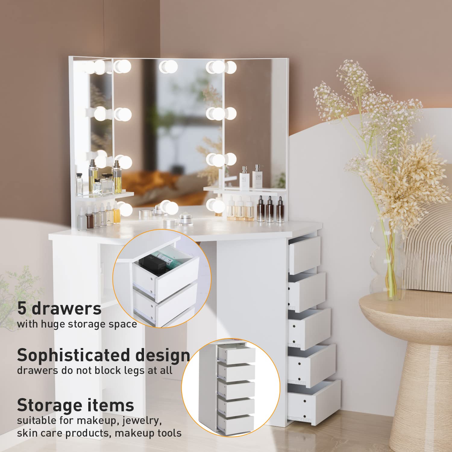 Likein Corner Vanity, Makeup Vanity Desk with Lights, Bedroom White Vanity with Lighted Mirror, Makeup Table with Drawers and Mirror for Women Girls, 3 Lighting Modes Brightness Adjustable