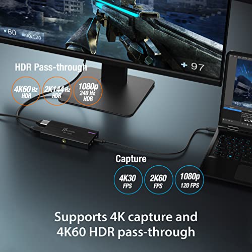 j5create 4K Game Video Capture Card with PD 60W Pass-Through Charging, Stream and Record 4K Video on PS5, PS4, Xbox, Switch, Work with OBS, Twitch, YouTube (JVA14)