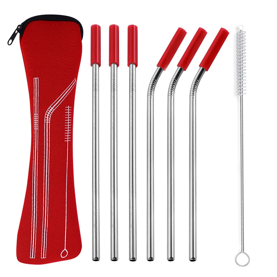 Hoshen 7 Piece 8.5 Inch Reusable Stainless Steel Straw Set With Anti-Scratch Mouth Silicone Tip, Bone Pack Set (3 Straight/3 Curved/1 Brush/6 Silicone Mouth) - Red