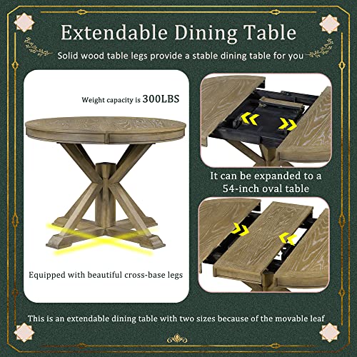 P PURLOVE 5pc Dining Table Set, Functional Furniture Retro Style Dining Table Set with Extendable Table and 4 Upholstered Chairs for Dining Room and Living Room(Natural Wood Wash)