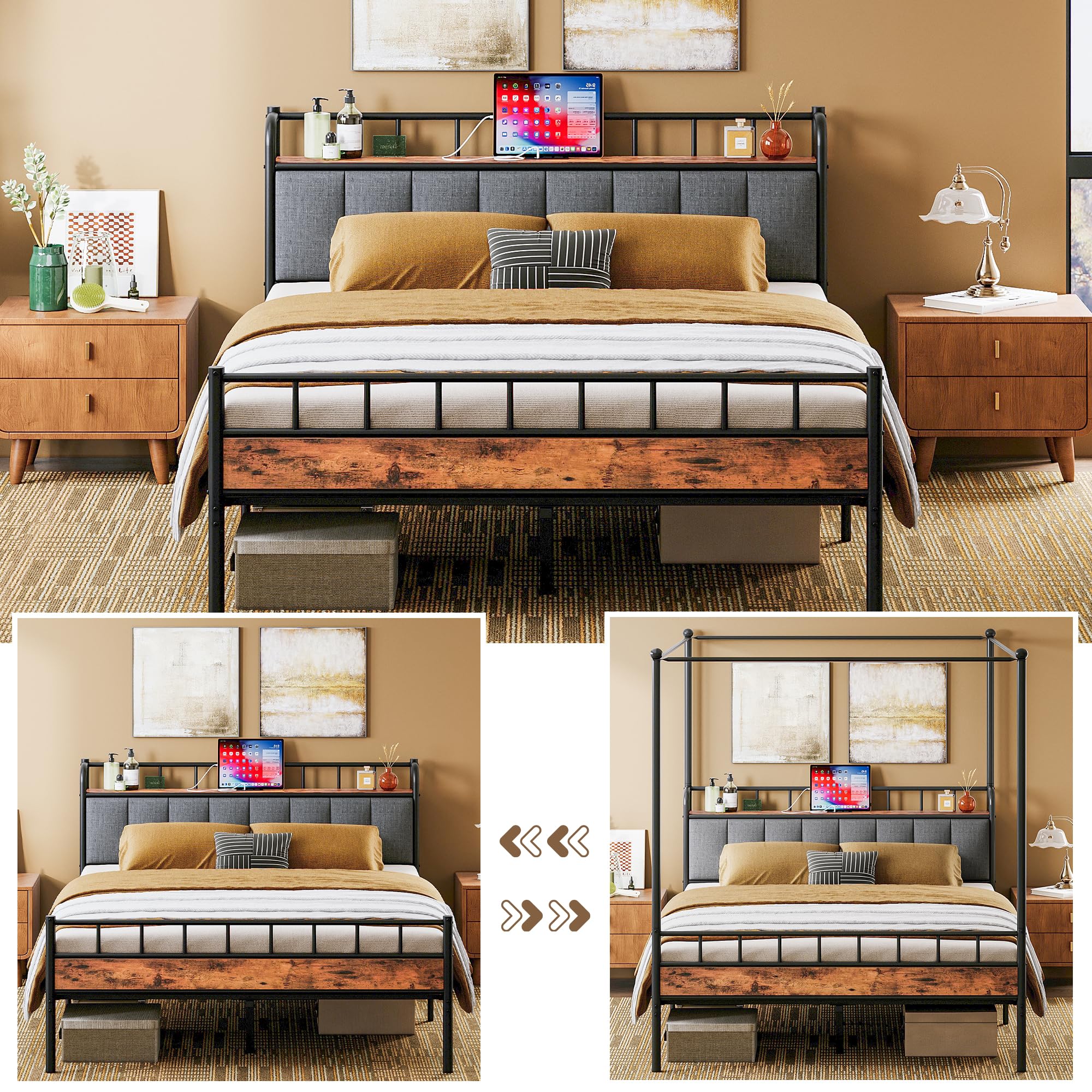 LIKIMIO Canopy Bed Frame Queen, Storage Headboard with Charging Station, Platform Bed with 4 Removable Sturdy Posts, Noise Free, No Box Spring Needed, Vintage Brown