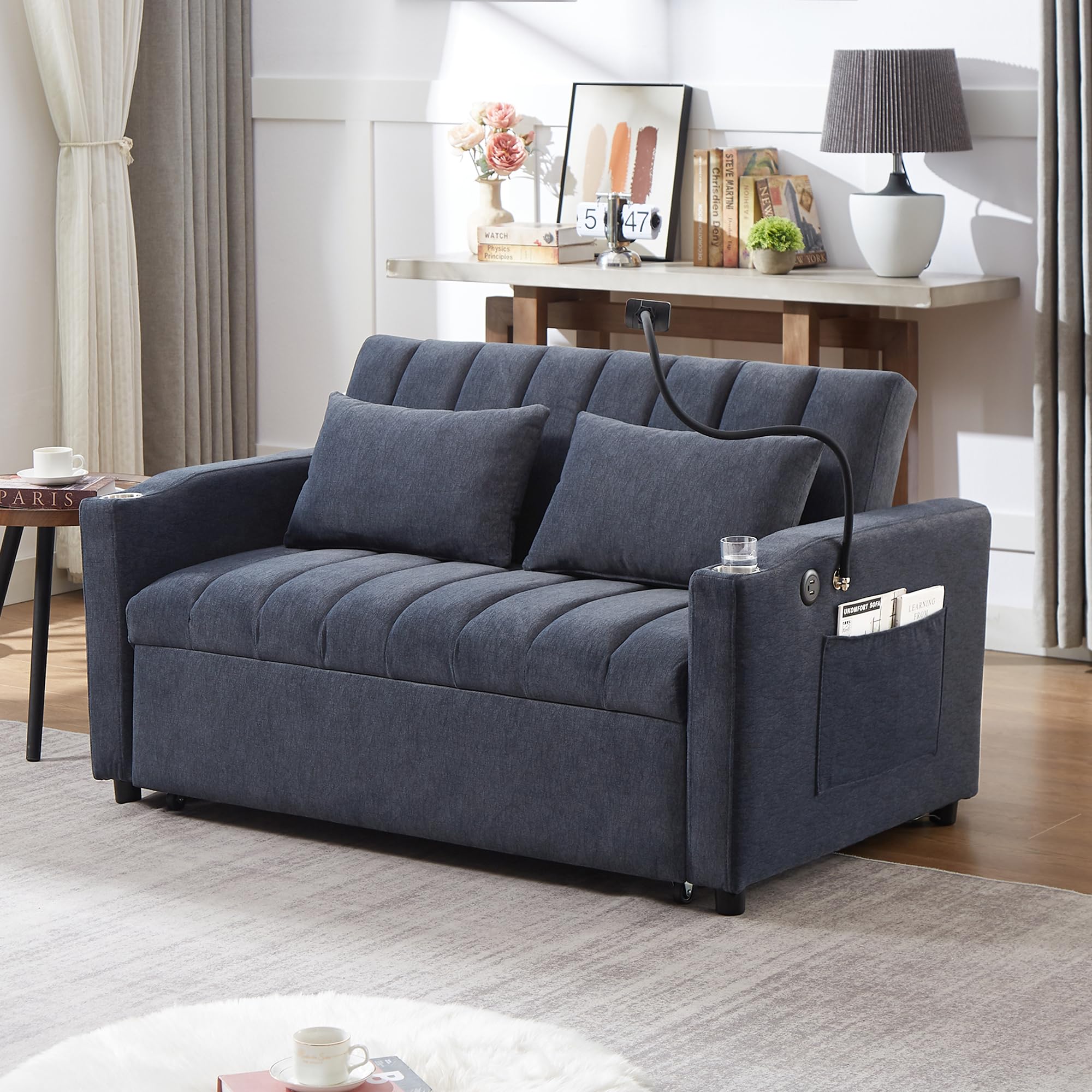 HoRunzelin Convertible Sofa Bed with USB Ports, Cup Holders, Side Pockets, Swivel Phone Holder and 2 Pillows, Bella Fabric Loveseat Sleeper Pull Out Couch, Blue Grey