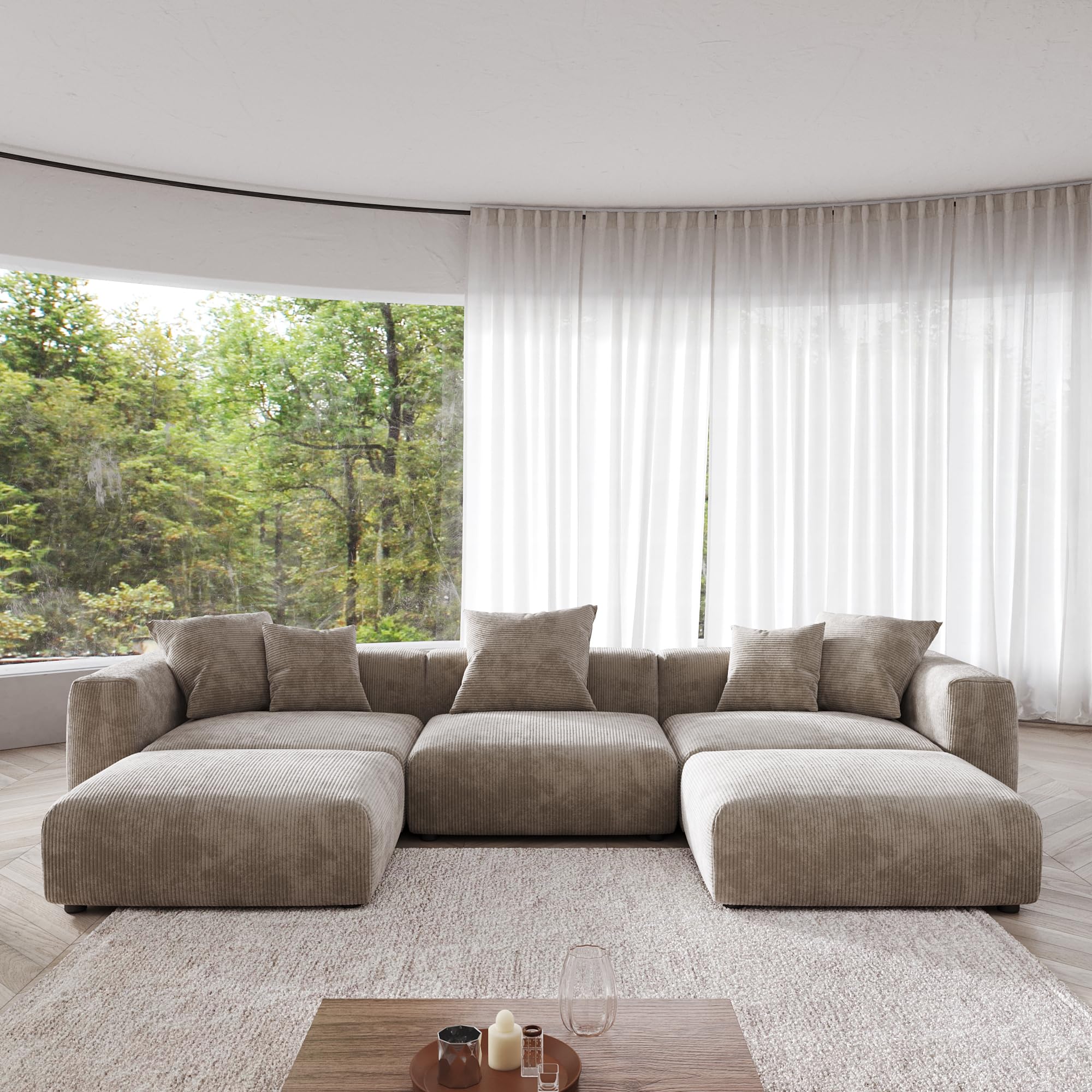 JACH 141" Oversized Modular Sectional Sofa, Deep 3-Seats Sectional Couch with Chaise Ottomans, Huge Plus Convertible Sofas, Corduroy Minimalist Couches for Living Room, Apartment, Light Brown