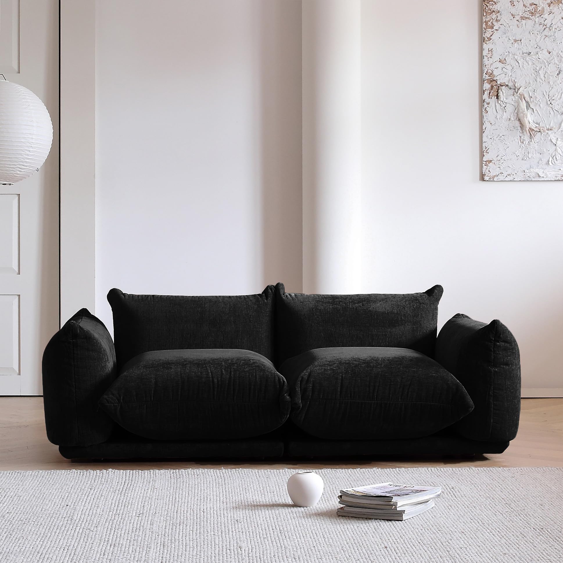 JACH Mid-Century Modern Sectional Couch, Chenille Couch Deep 2-Seats Couches with Thick Cushion, 77" Plush Sofas Furniture for Small Spaces Living Room Bedroom Office Apartment, Black