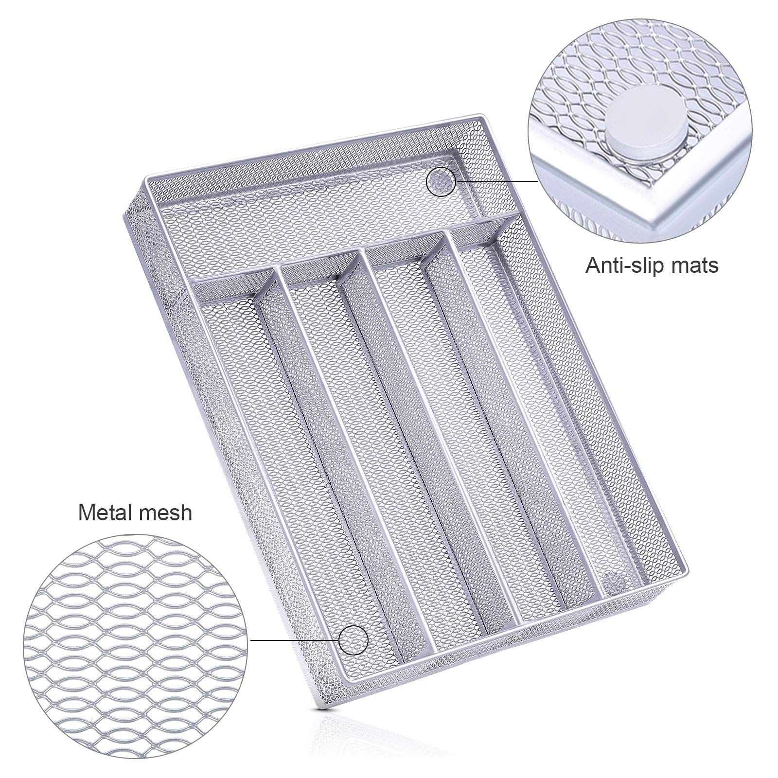Flatware Organizers 5 Compartments, Metal Mesh Kitchen Utensil Drawer Cutlery Tray with 4 Foam Feet, Silver